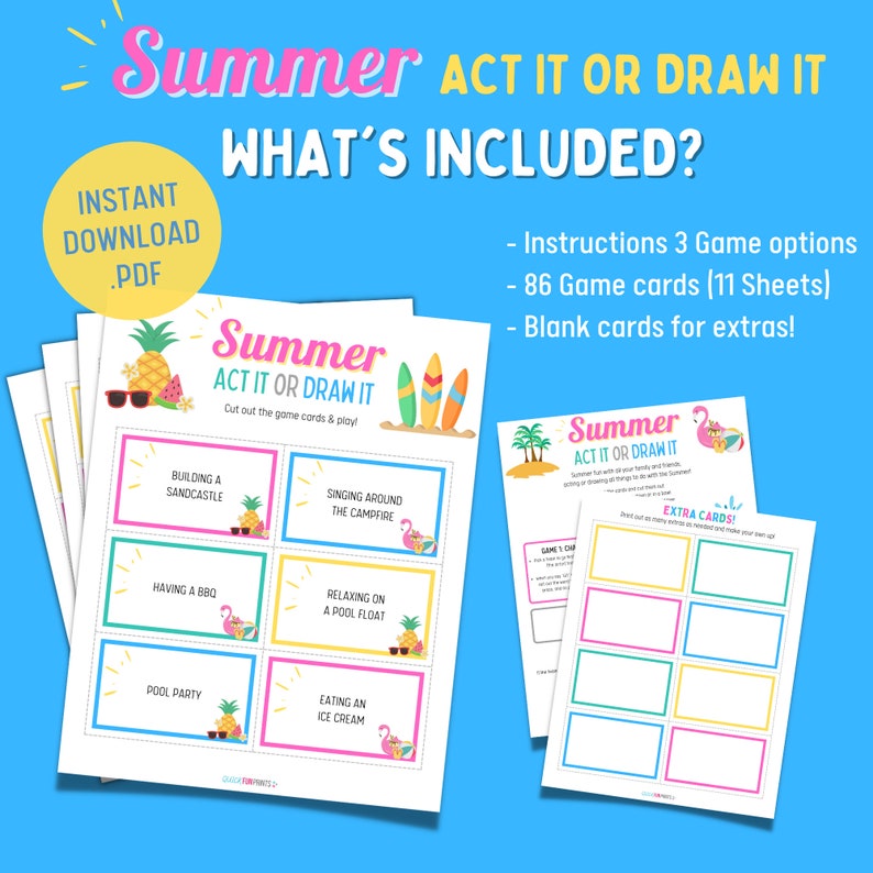 SUMMER Charades & Pictionary, Printable Summer Cards, Kids Imagination ...