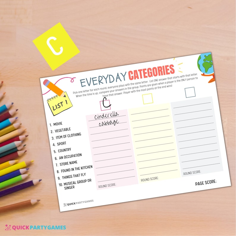 Printable Scattergories Game: Family Party Game (instant Download) - Etsy