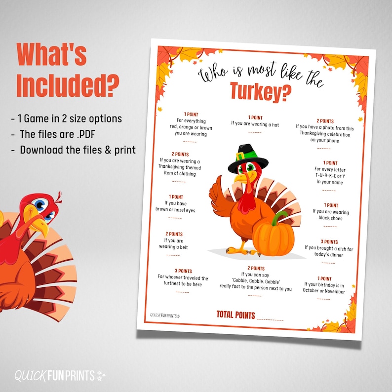 Thanksgiving Turkey Game, Icebreaker Game, Who is Most Like the Turkey ...