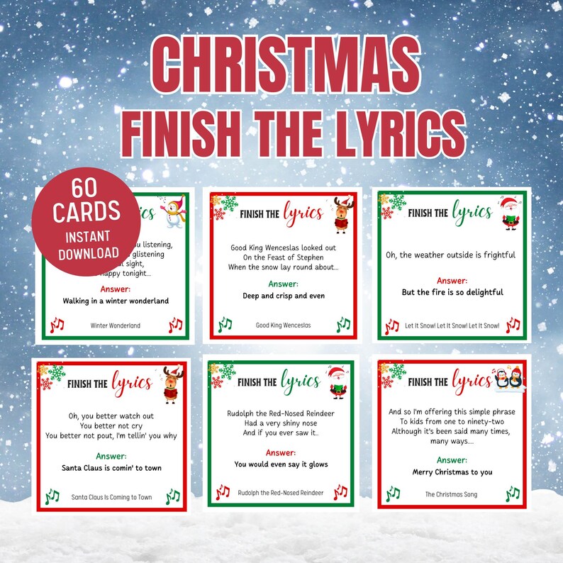 Christmas Lyrics Game, Printable Christmas Finish the Lyrics Game ...