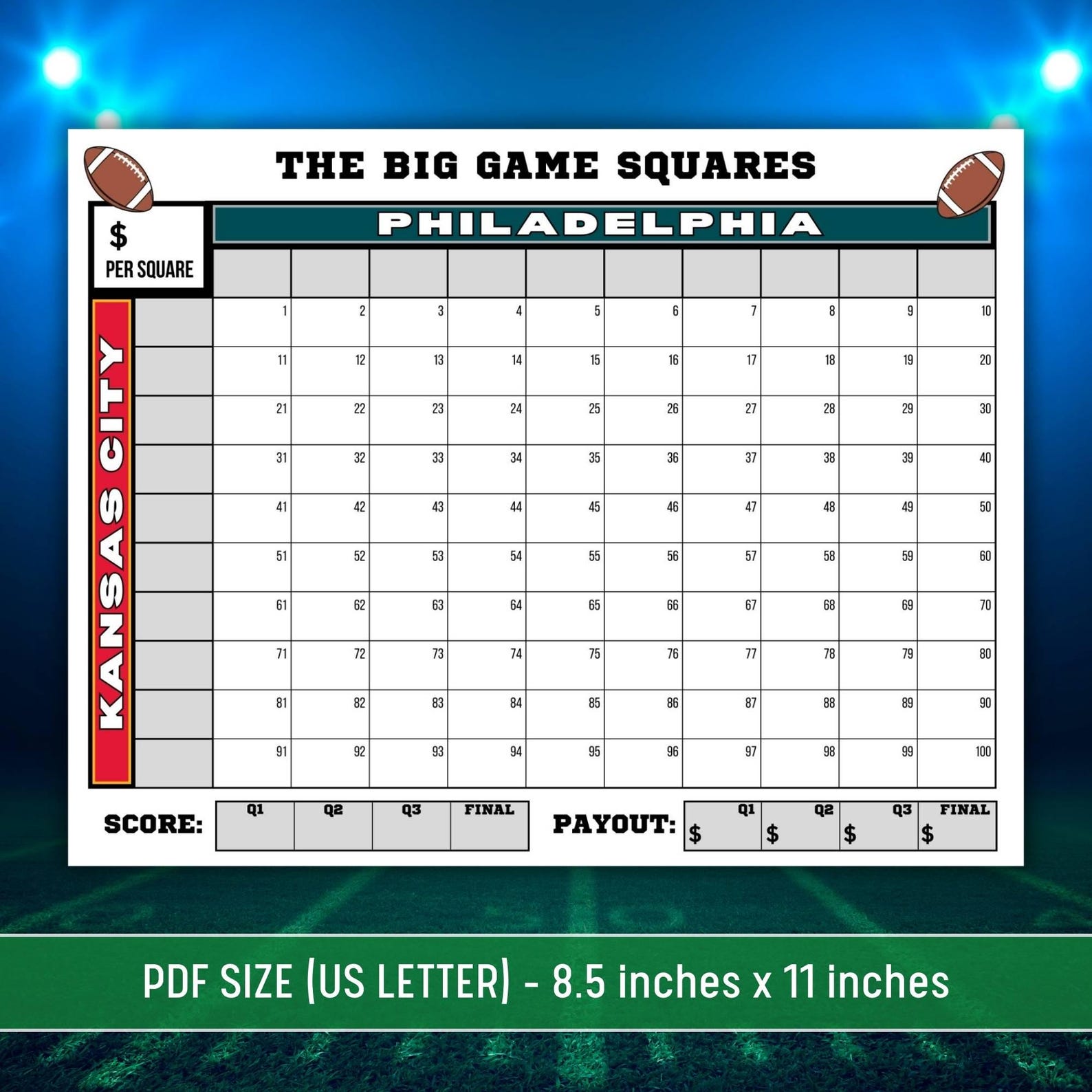 SUPER Football Bowl Squares, Printable Squares Football Pool Fundraiser ...