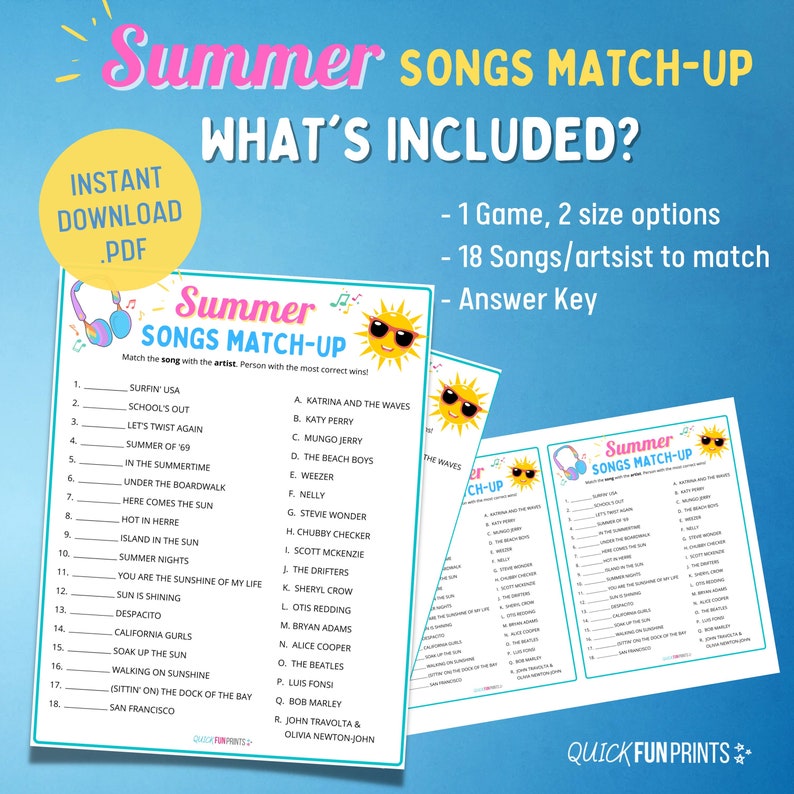 SUMMER Songs Match up Game, Summer Songs Printable Quiz, Summer Pool ...