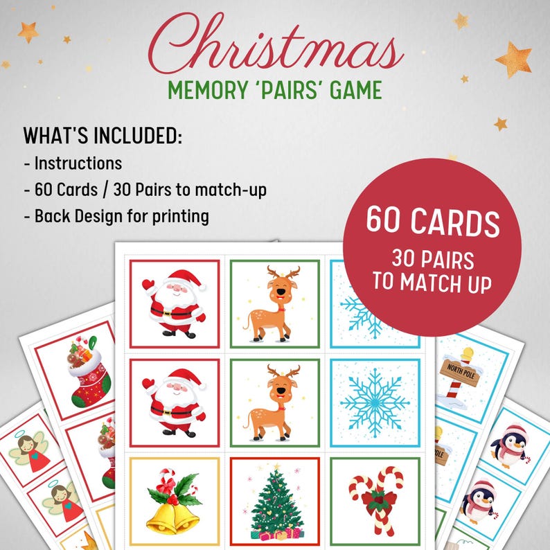 Christmas Memory Game, 60 Game Cards, Christmas Family Game, Xmas ...