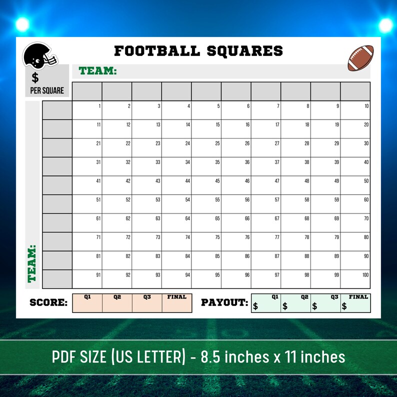 Football Squares Game, 100 Squares Football Grid, Football Fundraiser ...