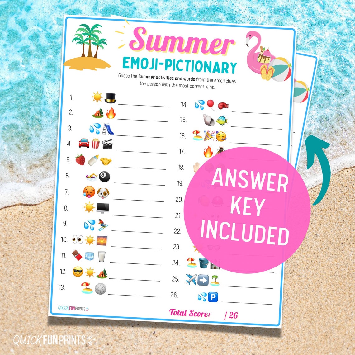 SUMMER Emoji Pictionary, Summertime Emoji Printable Quiz, Summer Pool ...