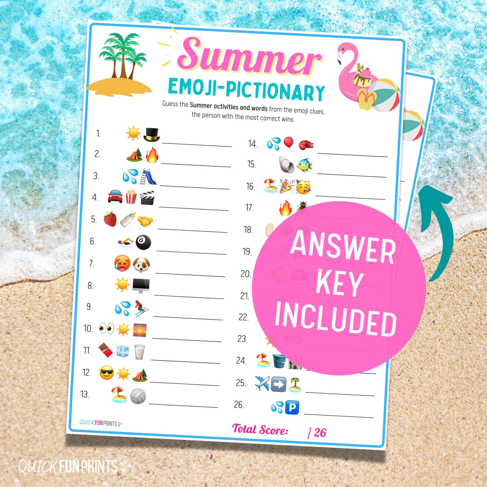 SUMMER Emoji Pictionary, Summertime Emoji Printable Quiz, Summer Pool ...