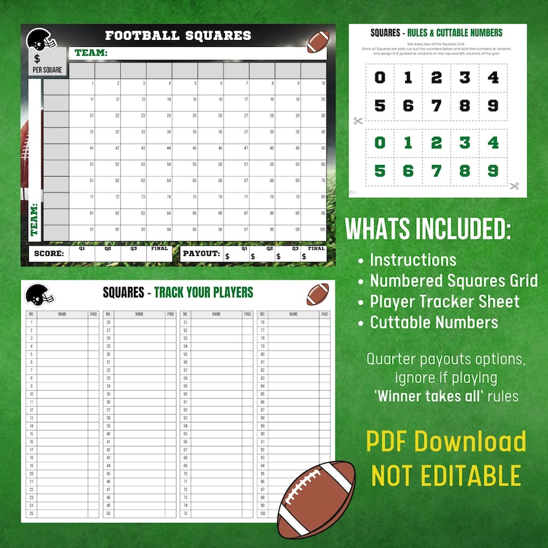 FOOTBALL Squares Game, Football Grid, 100 Numbered Squares for the Big ...