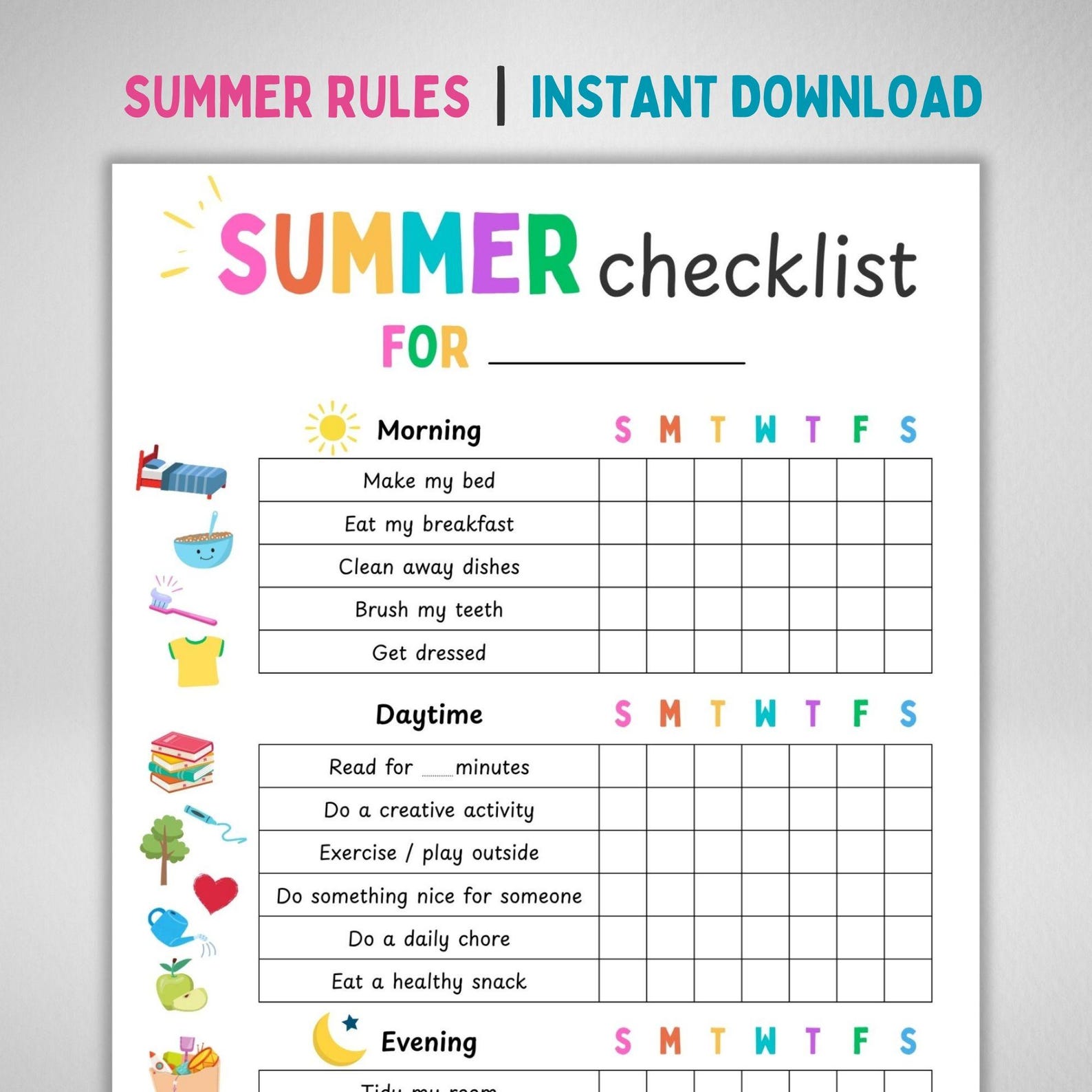 Kids Daily/weekly Activity Checklist for Summer Routine: Printable ...