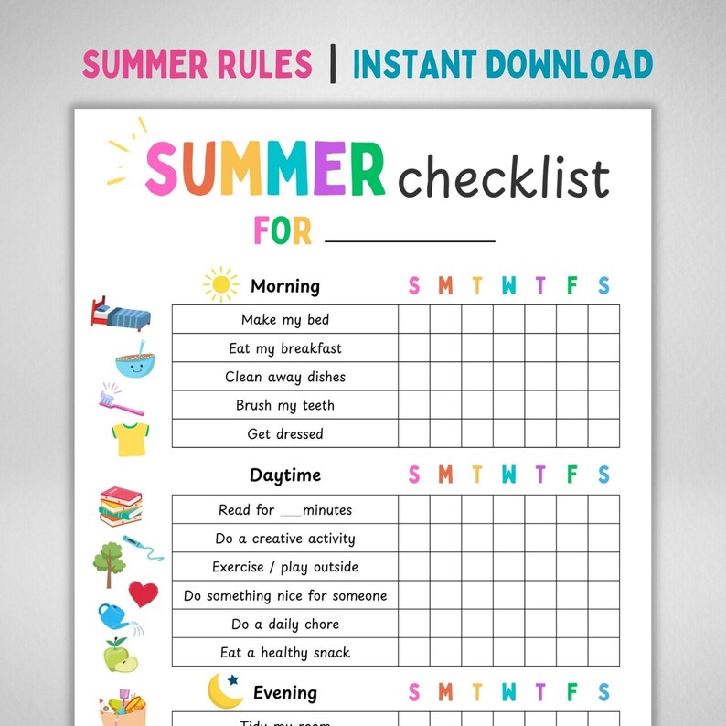 SUMMER Chart for Kids | Not Editable | Kids Daily Activities & Chore ...