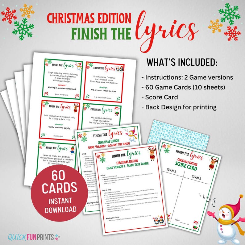 Christmas Lyrics Game, Printable Christmas Finish the Lyrics Game ...
