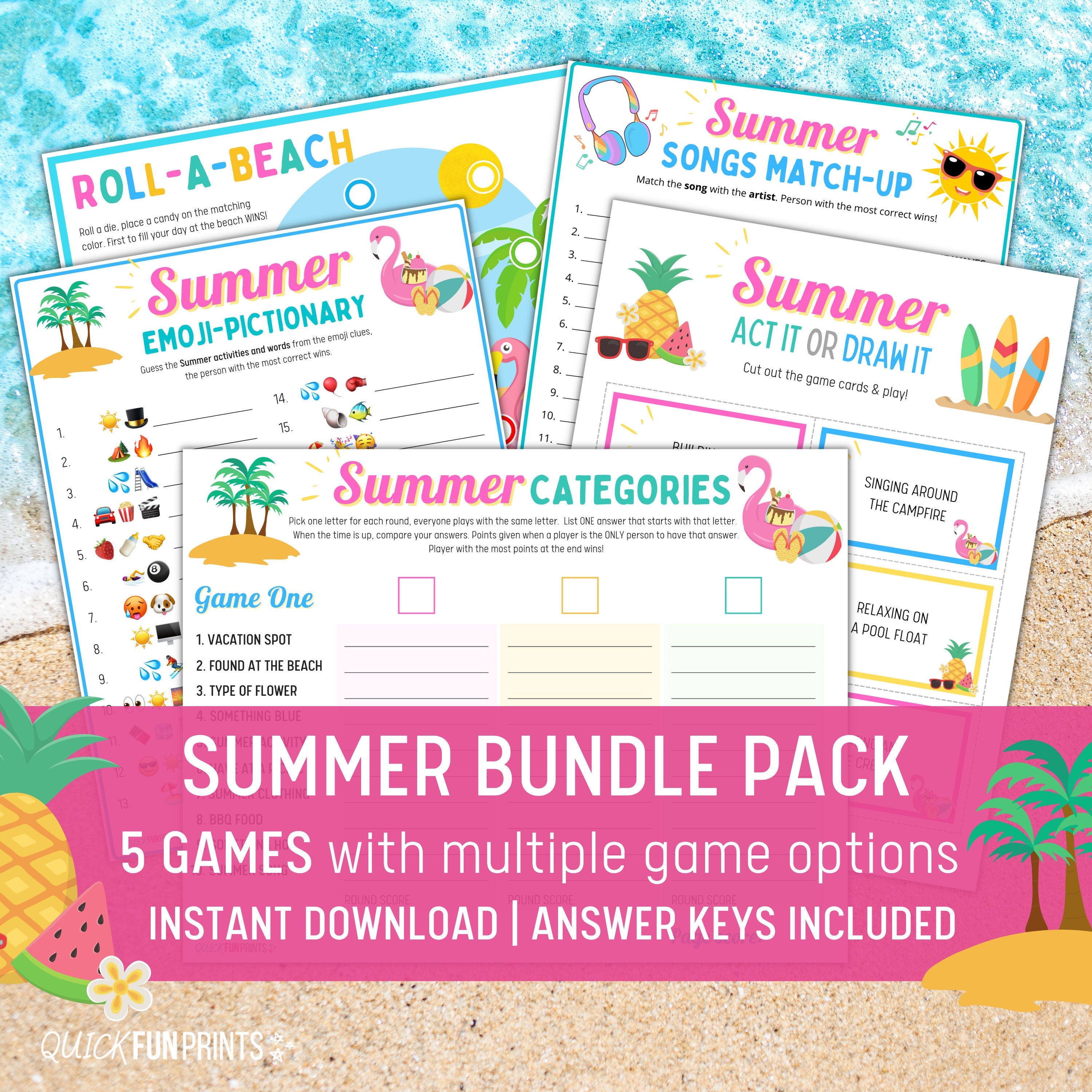 SUMMER Games Bundle, Summer Charades, Scattergories, Pictionary, Emoji ...