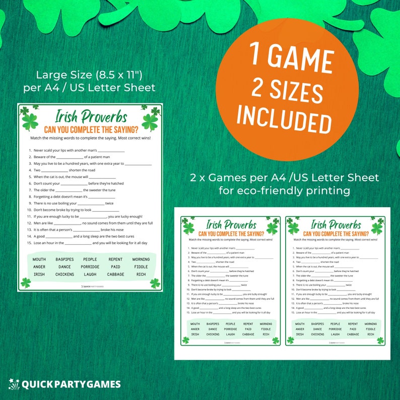 St Patrick's Day Irish Proverbs Game: Fun Trivia (printable Download ...