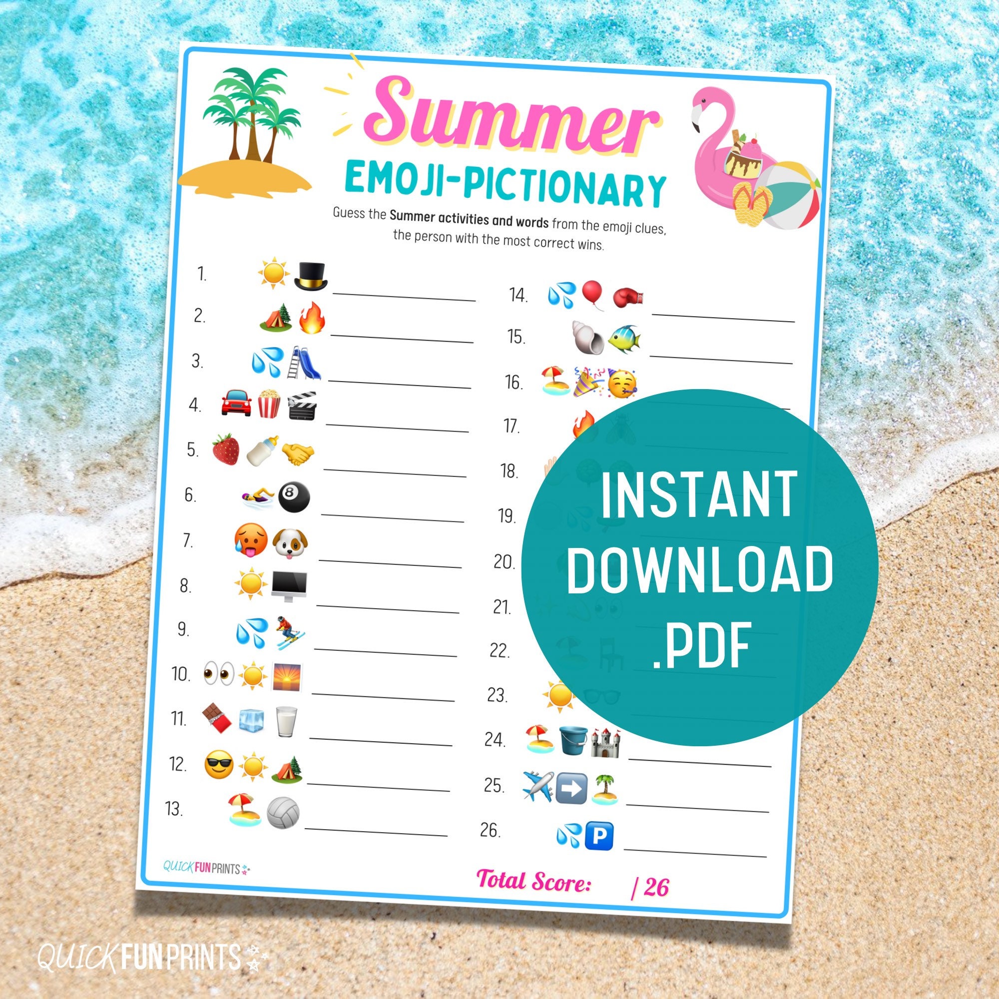 SUMMER Emoji Pictionary, Summertime Emoji Printable Quiz, Summer Pool ...
