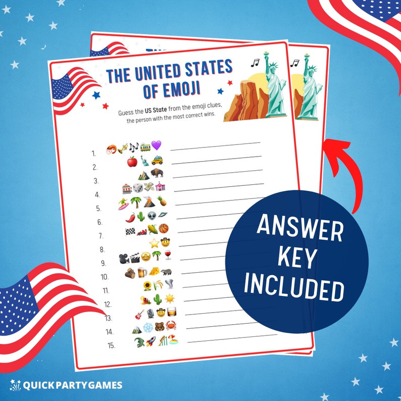 Emoji Quiz: US State Pictionary Game for Labour Day Weekend (printable ...