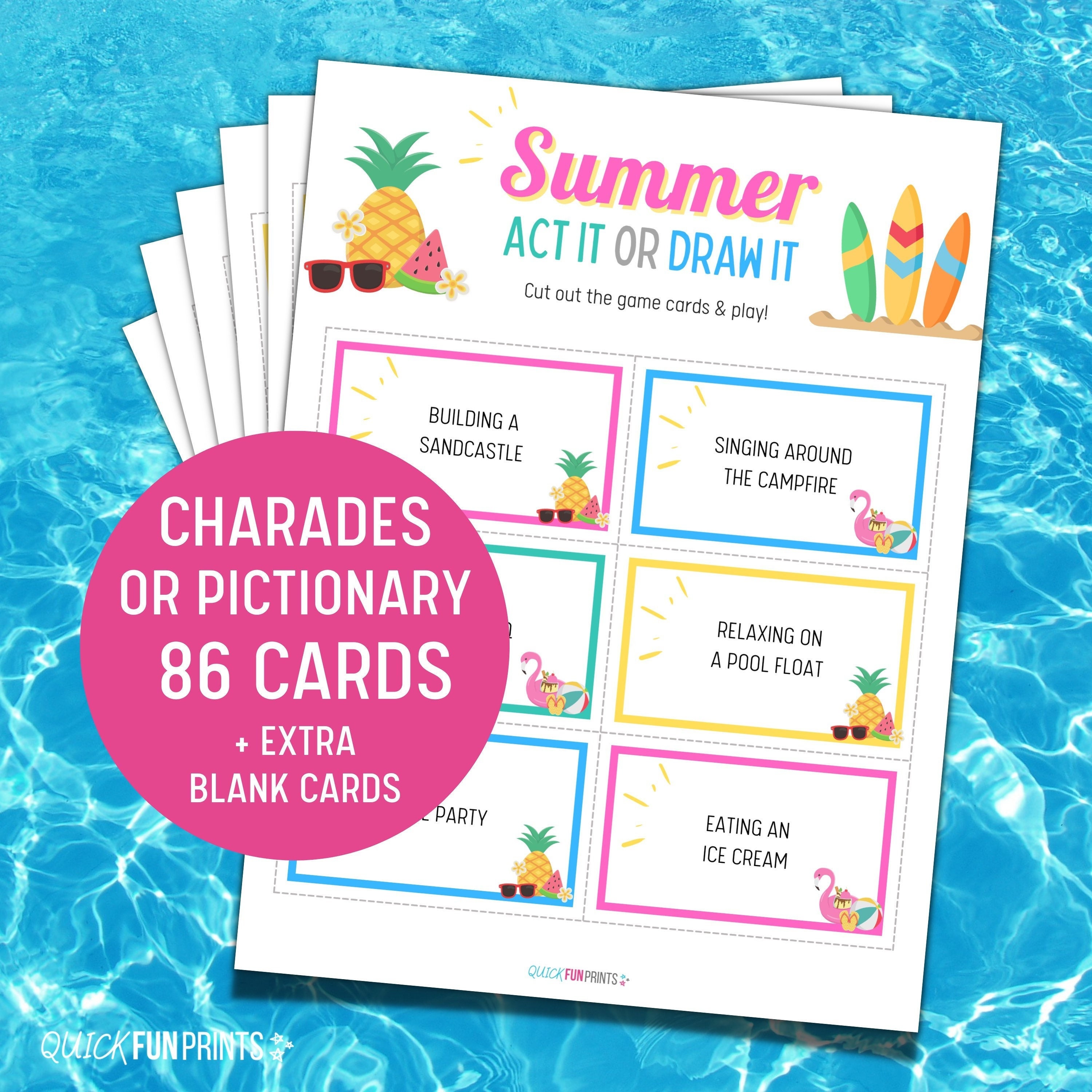 SUMMER Charades & Pictionary Printable Summer Cards Act or Draw Summer ...