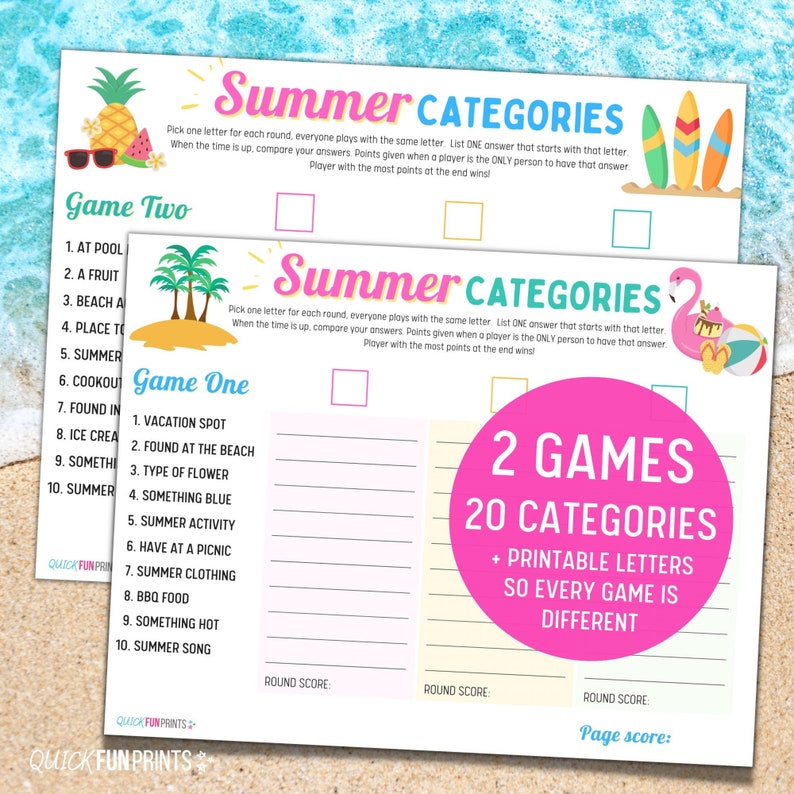 SUMMER Scattergories Game 2 Game Lists Categories Printable Game Summer ...