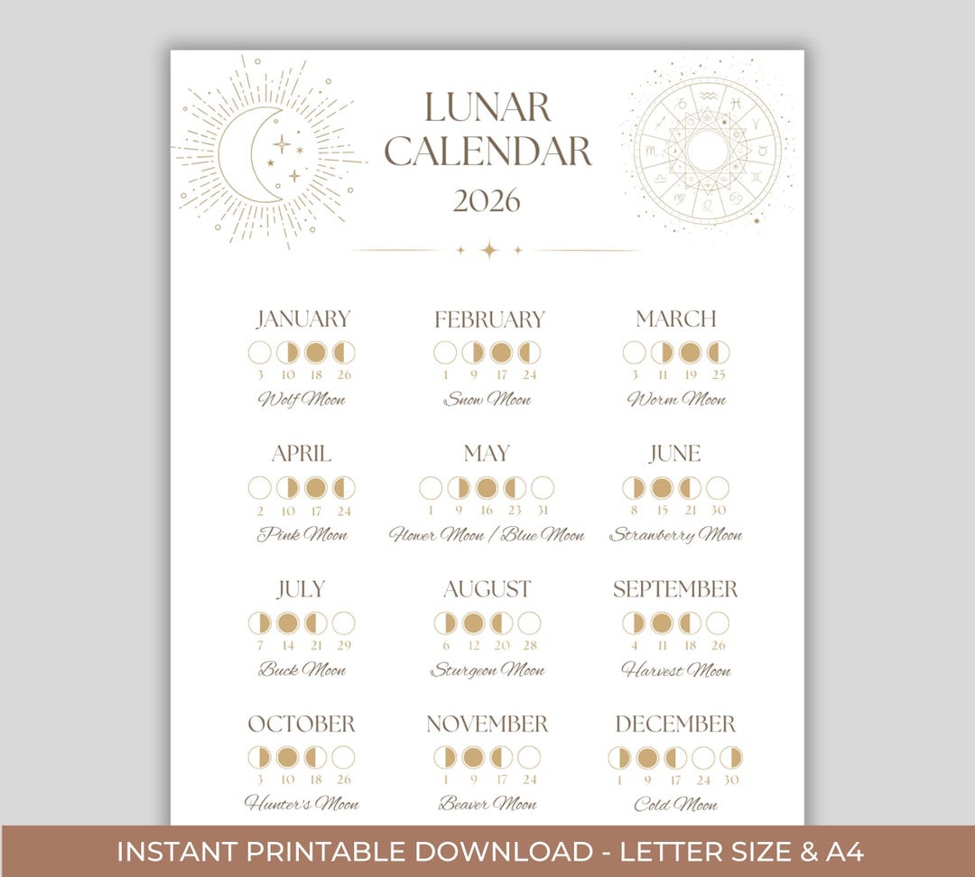 Moon Phases 2026, Lunar Calendar Printable, Moon Phases Wall Art, Moon ...