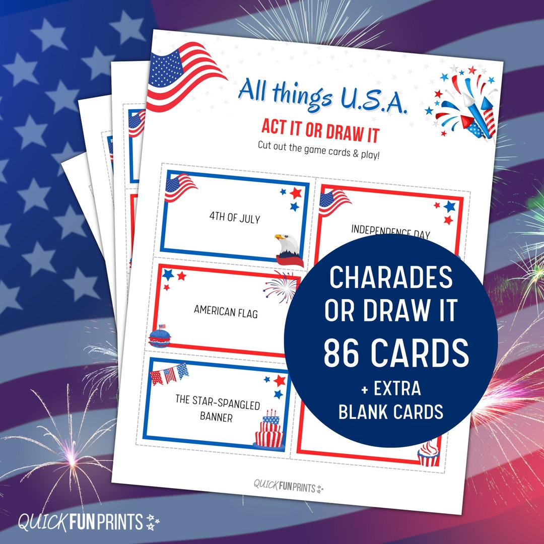 4th JULY, USA Charades & Pictionary Game, 4th July Party Games, Family ...
