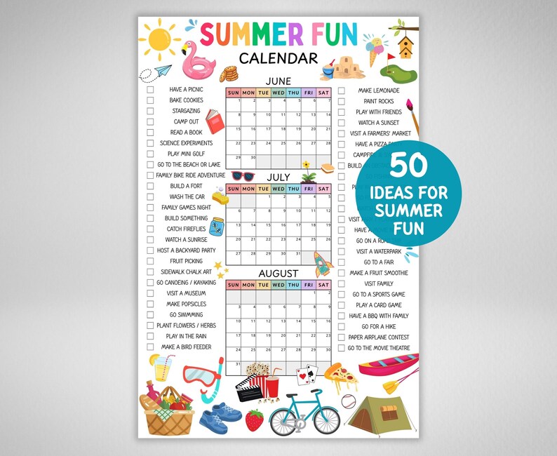 Summer Activity Calendar for Kids: 50 Fun Ideas, Printable Poster ...