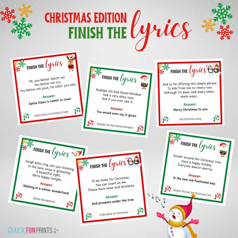 Christmas Lyrics Game, Printable Christmas Finish the Lyrics Game ...
