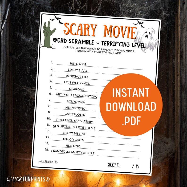 Horror Movie Word Scramble: Terrifying Halloween Game (printable ...