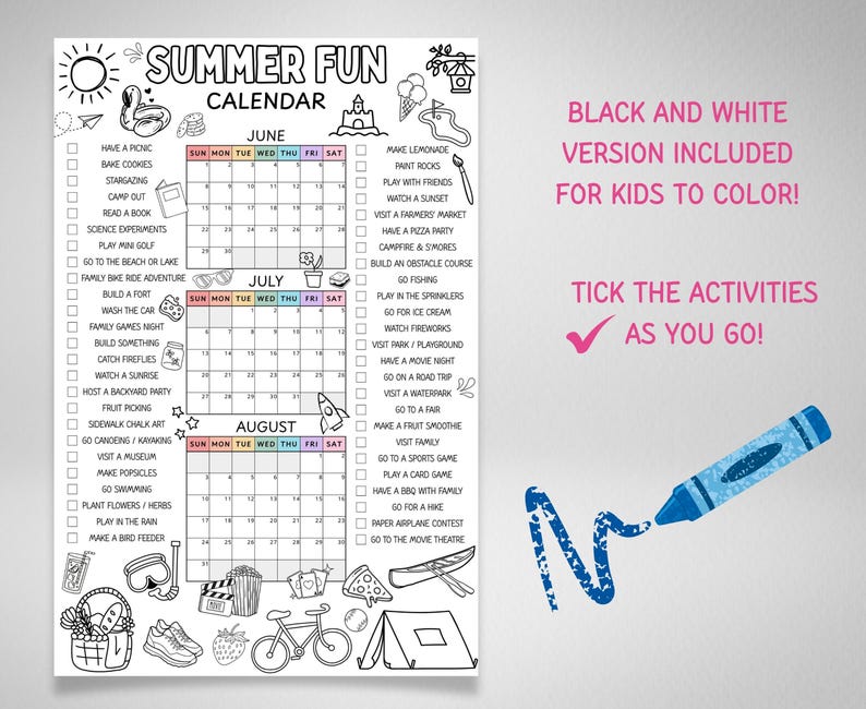 Summer Activity Calendar for Kids: 50 Fun Ideas, Printable Poster ...