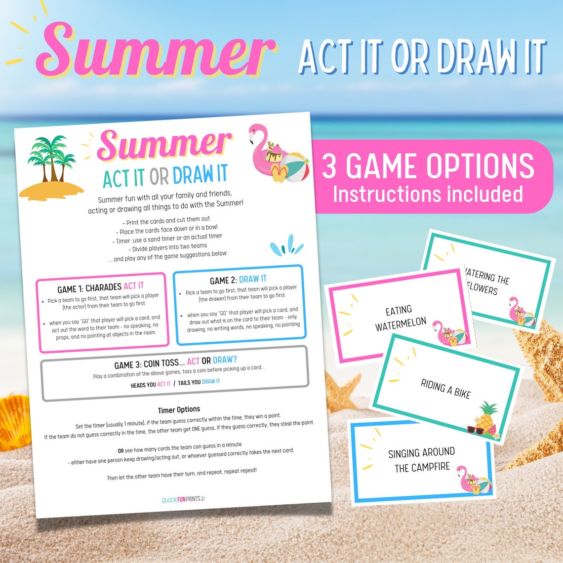 SUMMER Charades & Pictionary Printable Summer Cards Act or - Etsy