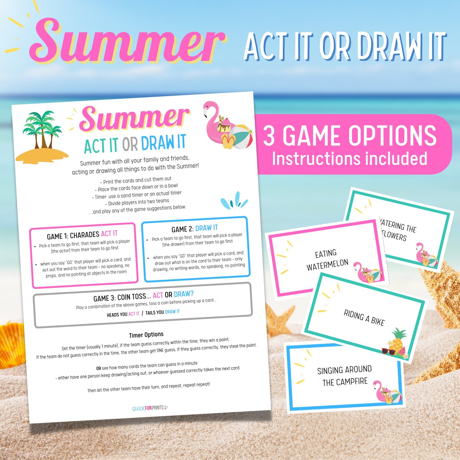 SUMMER Charades & Pictionary Printable Summer Cards Act or - Etsy