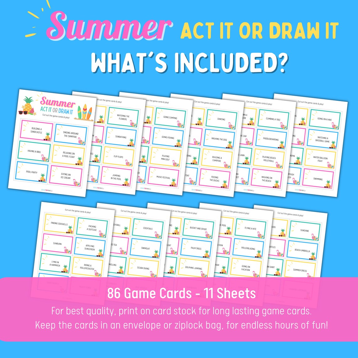 SUMMER Charades & Pictionary, Printable Summer Cards, Kids Imagination ...