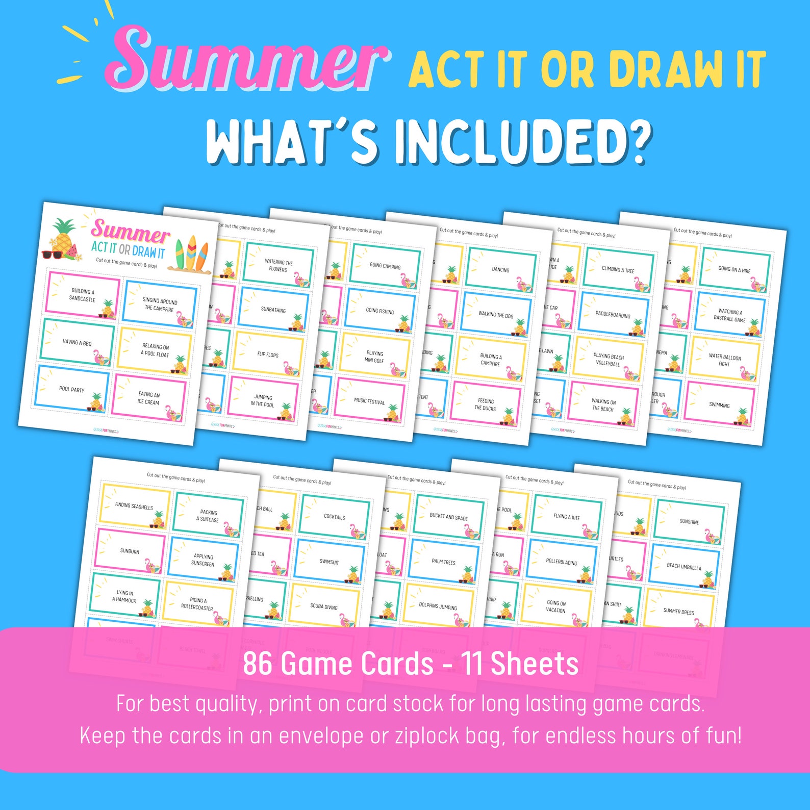SUMMER Charades & Pictionary, Printable Summer Cards, Kids Imagination ...