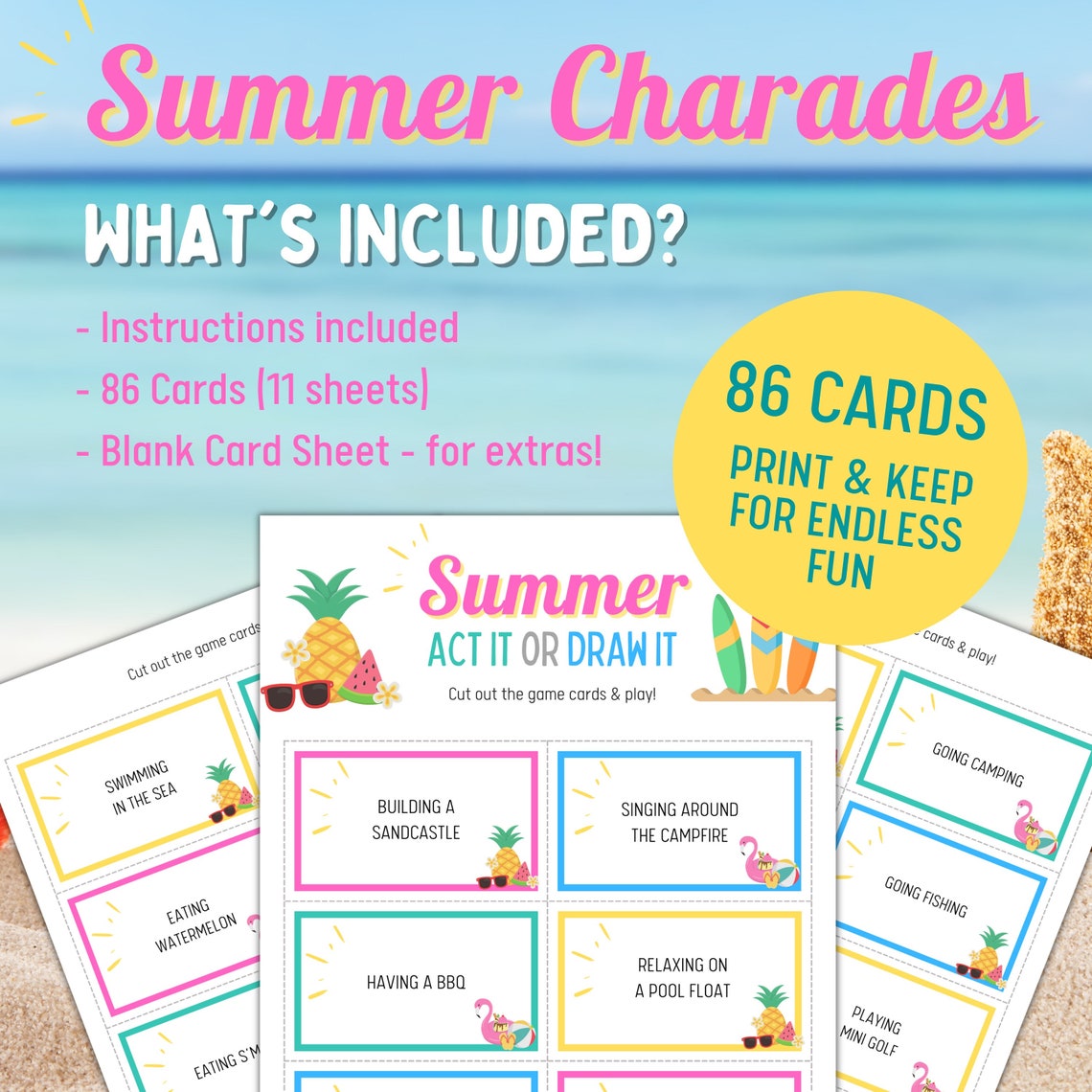 SUMMER Charades & Pictionary, Printable Summer Cards, Kids Imagination ...