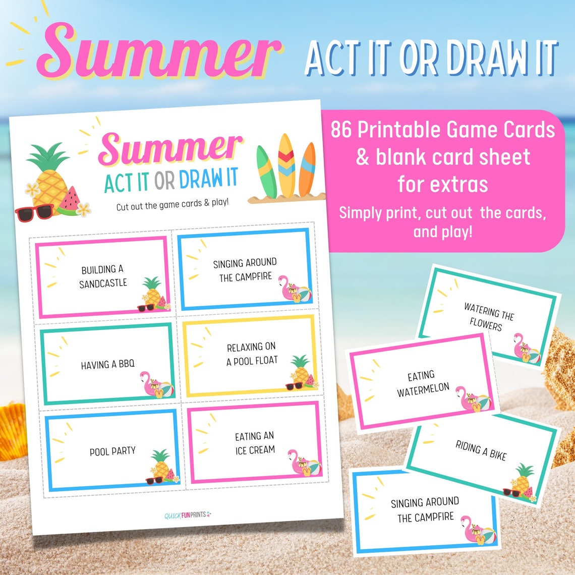SUMMER Charades & Pictionary Printable Summer Cards Act or - Etsy