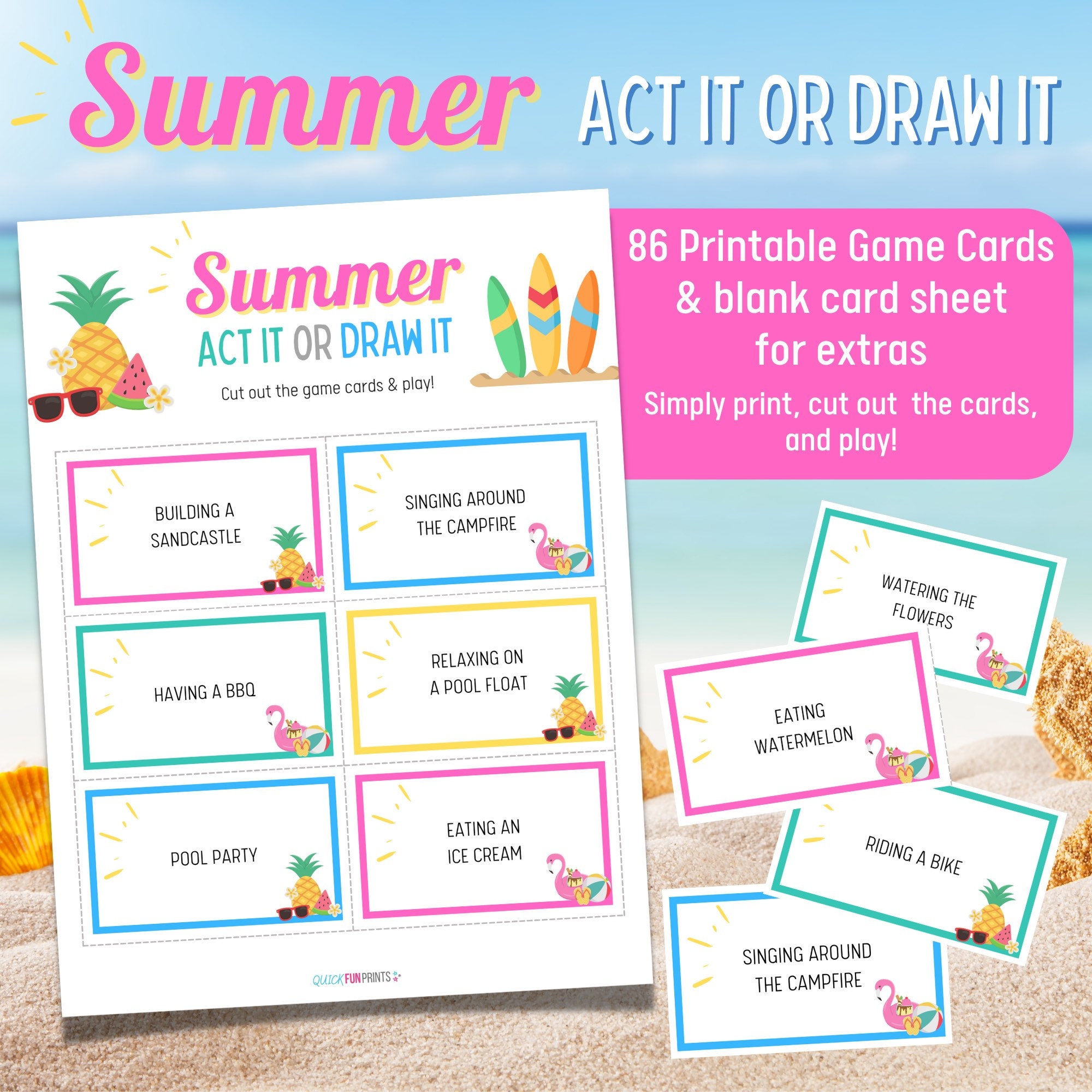 SUMMER Charades & Pictionary Printable Summer Cards Act or - Etsy