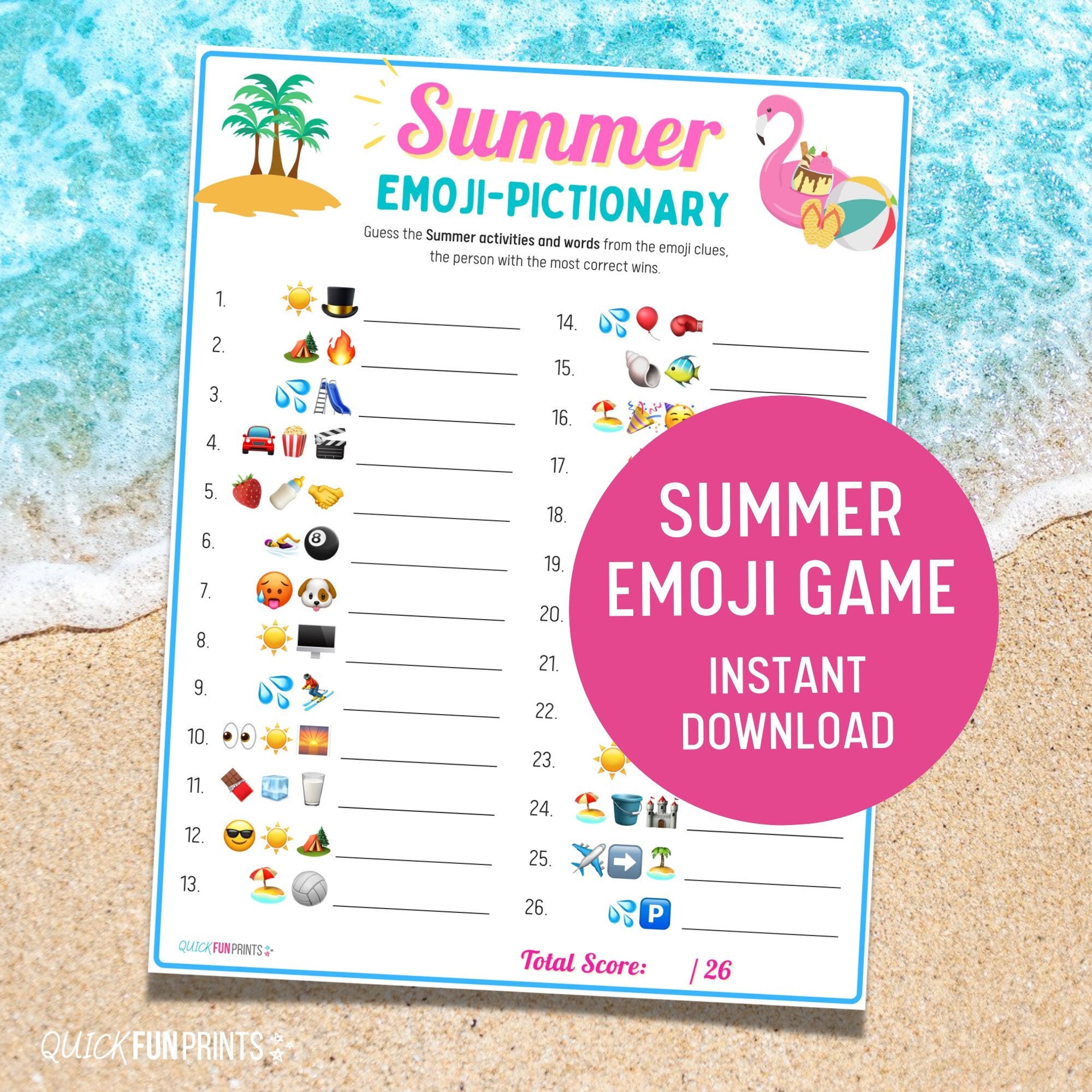 SUMMER Emoji Pictionary, Summertime Emoji Printable Quiz, Summer Pool ...