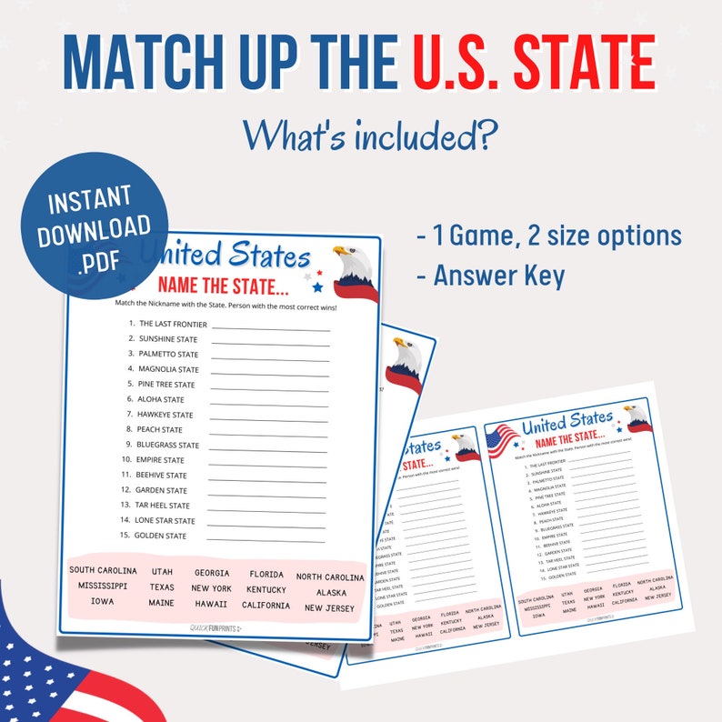 US State Nickname Quiz: Labour Day Printable Game (PDF) - Etsy