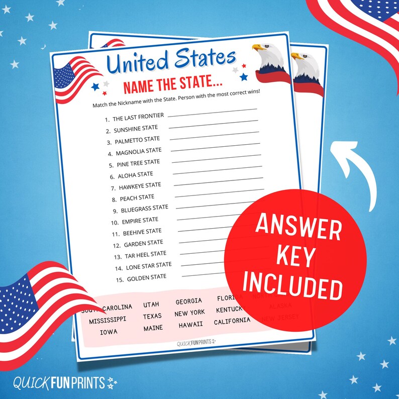 US State Nickname Quiz: Labour Day Printable Game (PDF) - Etsy