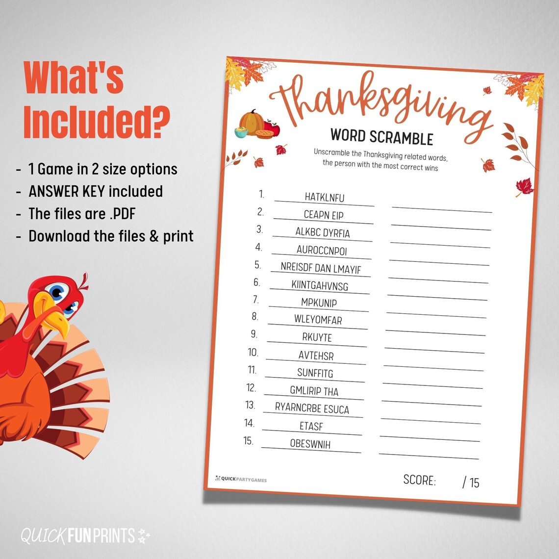 Thanksgiving Word Scramble Game, Thanksgiving Family Fun, Printable ...