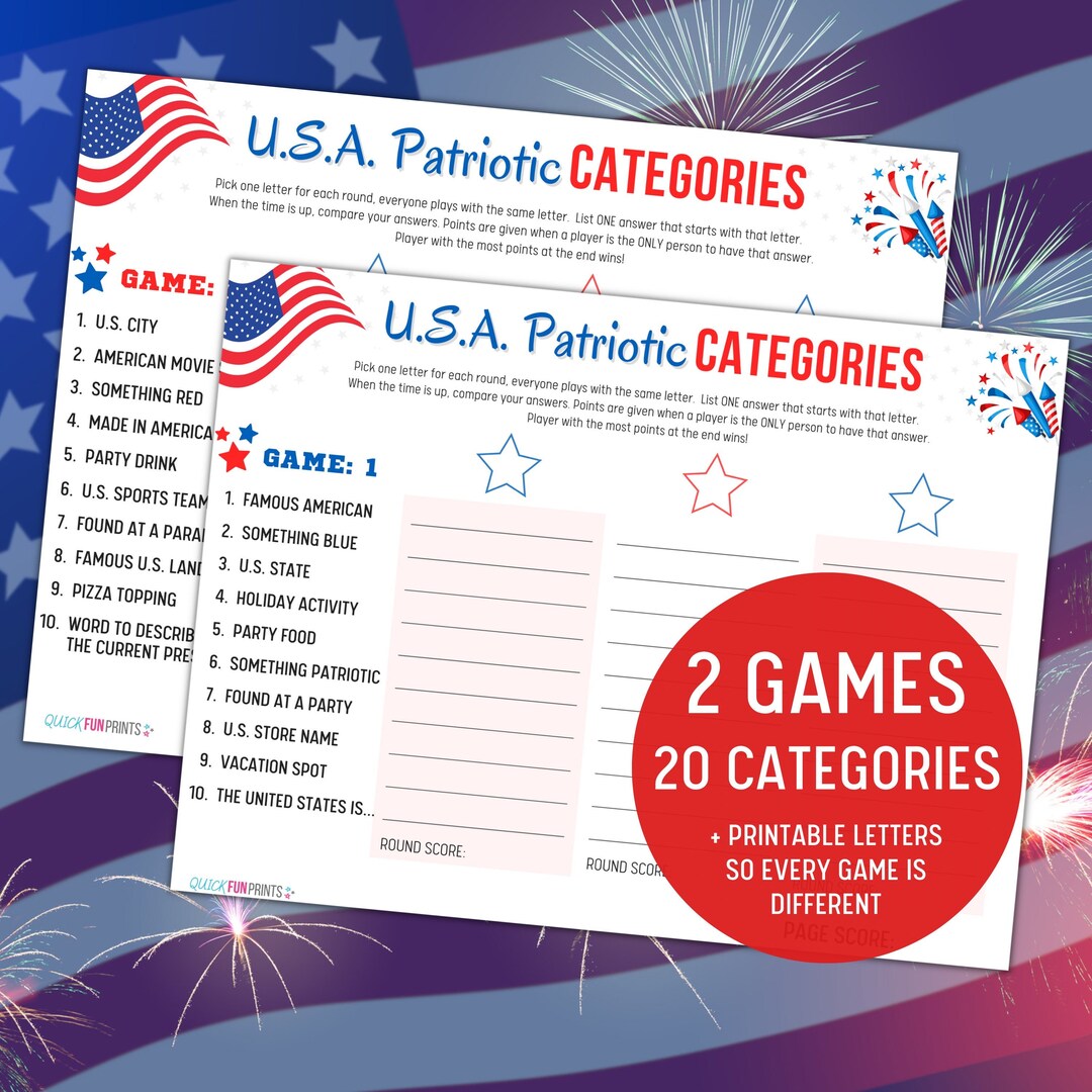 4th JULY Scattergories, Independence Day Scattergories Printable, USA ...