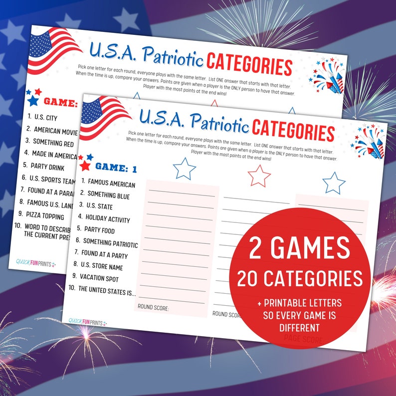 4th JULY Scattergories, Independence Day Scattergories Printable, USA ...