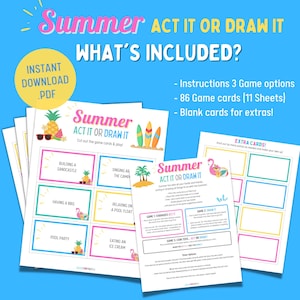 SUMMER Charades & Pictionary Printable Summer Cards Act or - Etsy