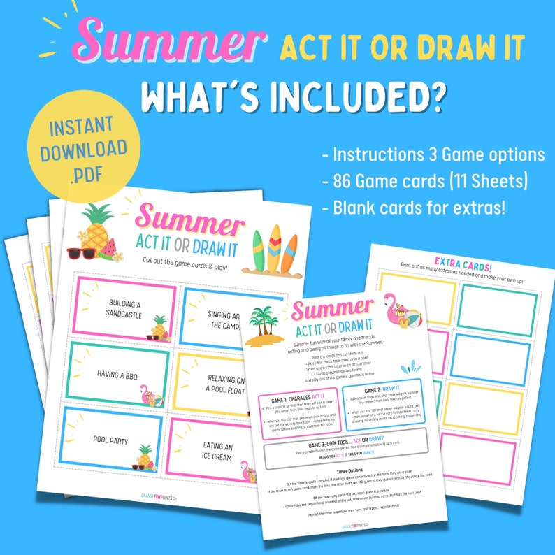 SUMMER Charades & Pictionary Printable Summer Cards Act or - Etsy
