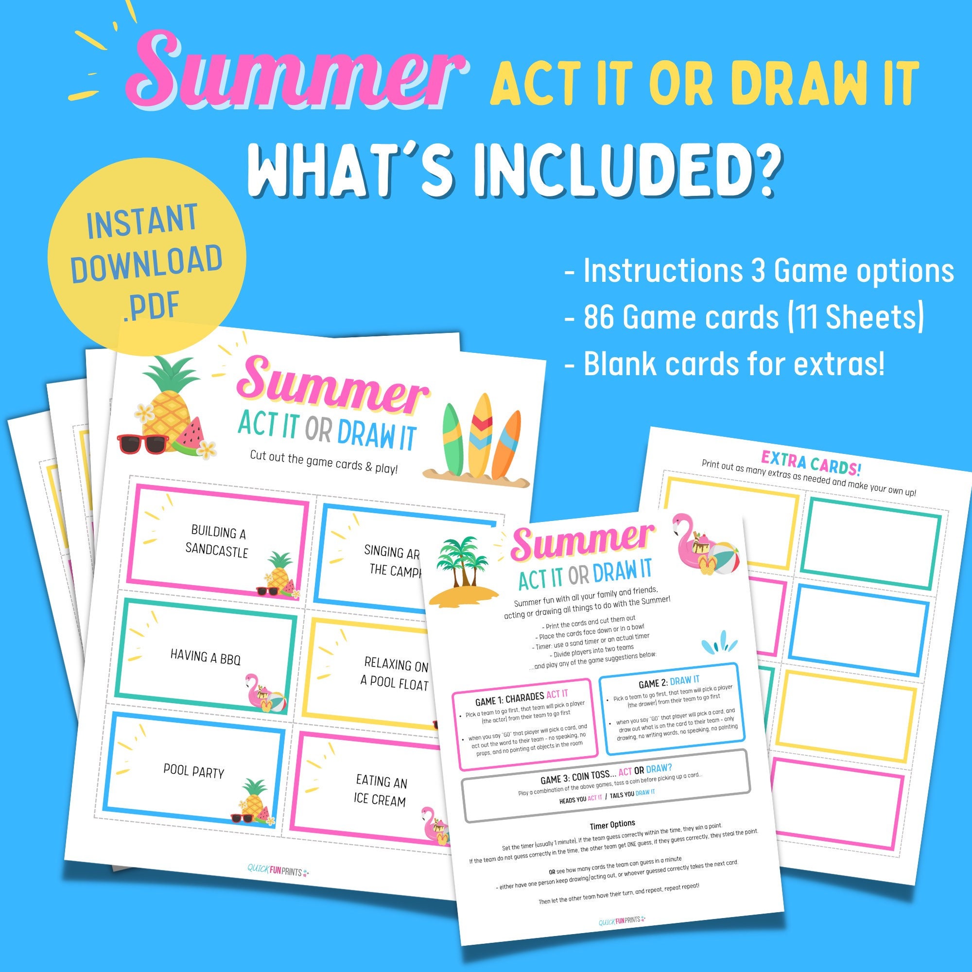 SUMMER Charades & Pictionary Printable Summer Cards Act or - Etsy Canada