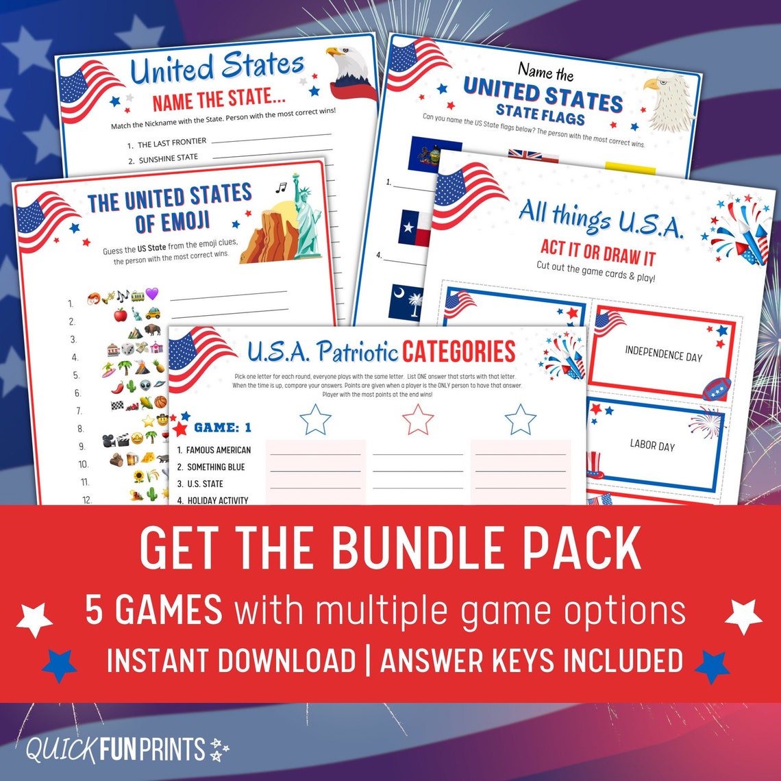 USA Game Bundle, 4th July Party Games, Usa Charades Pictionary, Emoji ...