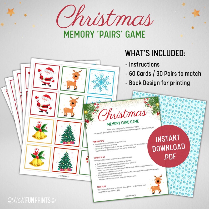 Christmas Memory Game, 60 Game Cards, Christmas Family Game, Xmas ...