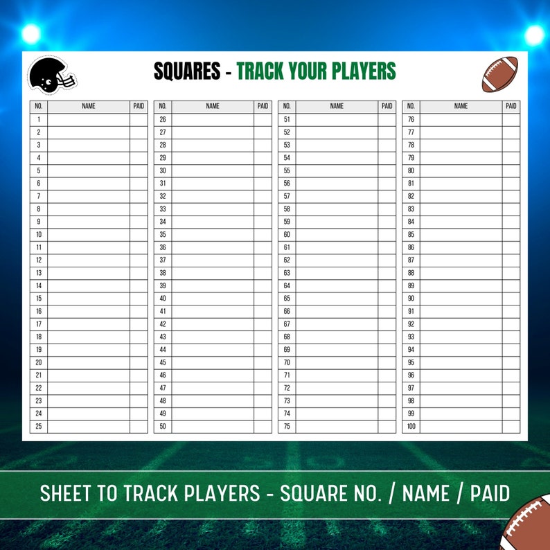 FOOTBALL Squares Game, Football Grid, 100 Numbered Squares for the Big ...