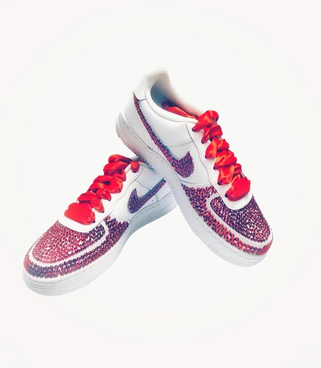 Nike Air Force One AF1 Ruby Red Rhinestone With Red Ribbon Laces Kids ...