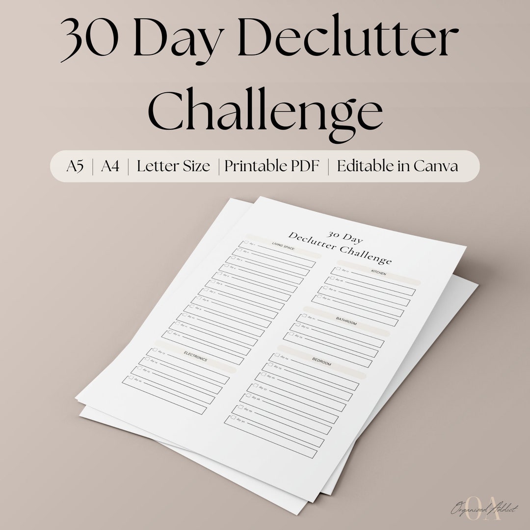 30 Day Declutter Challenge Printable EDITABLE Cleaning Planner Schedule ...
