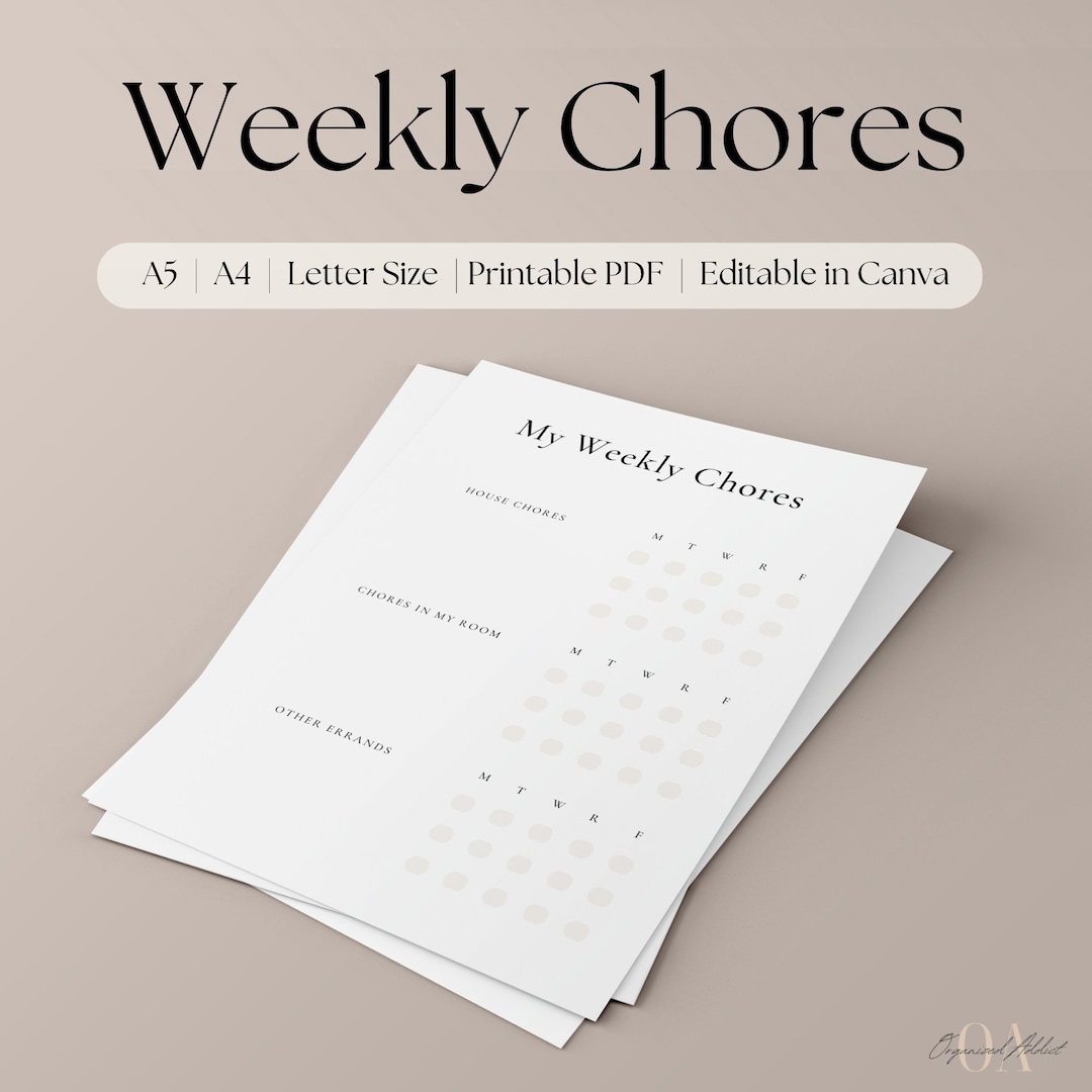 EDITABLE Weekly Chore Chart Printable Daily, Weekly Chore List Cleaning ...