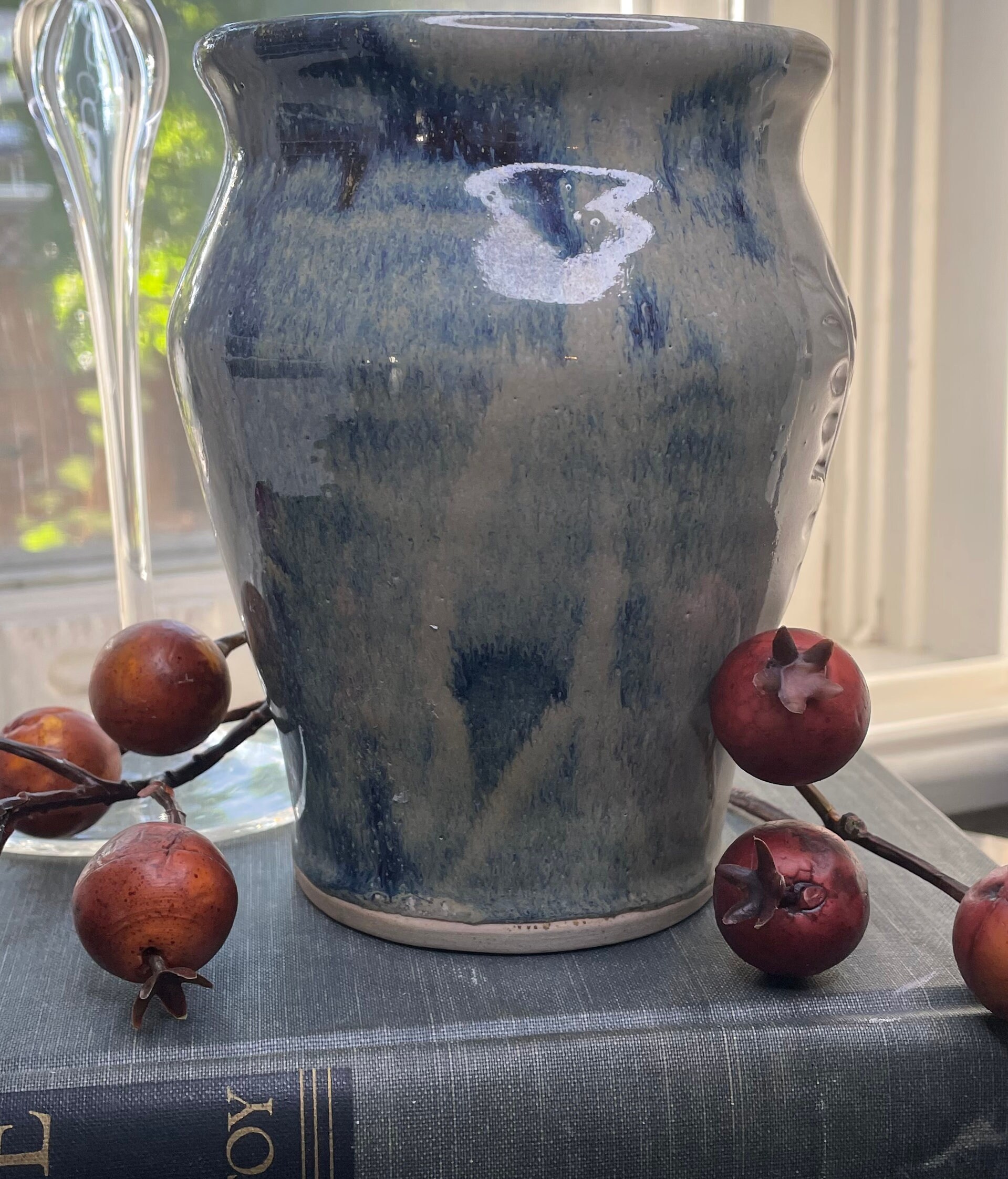 Blue Glazed Drip & Pressed Leaf Pottery Vase - Etsy