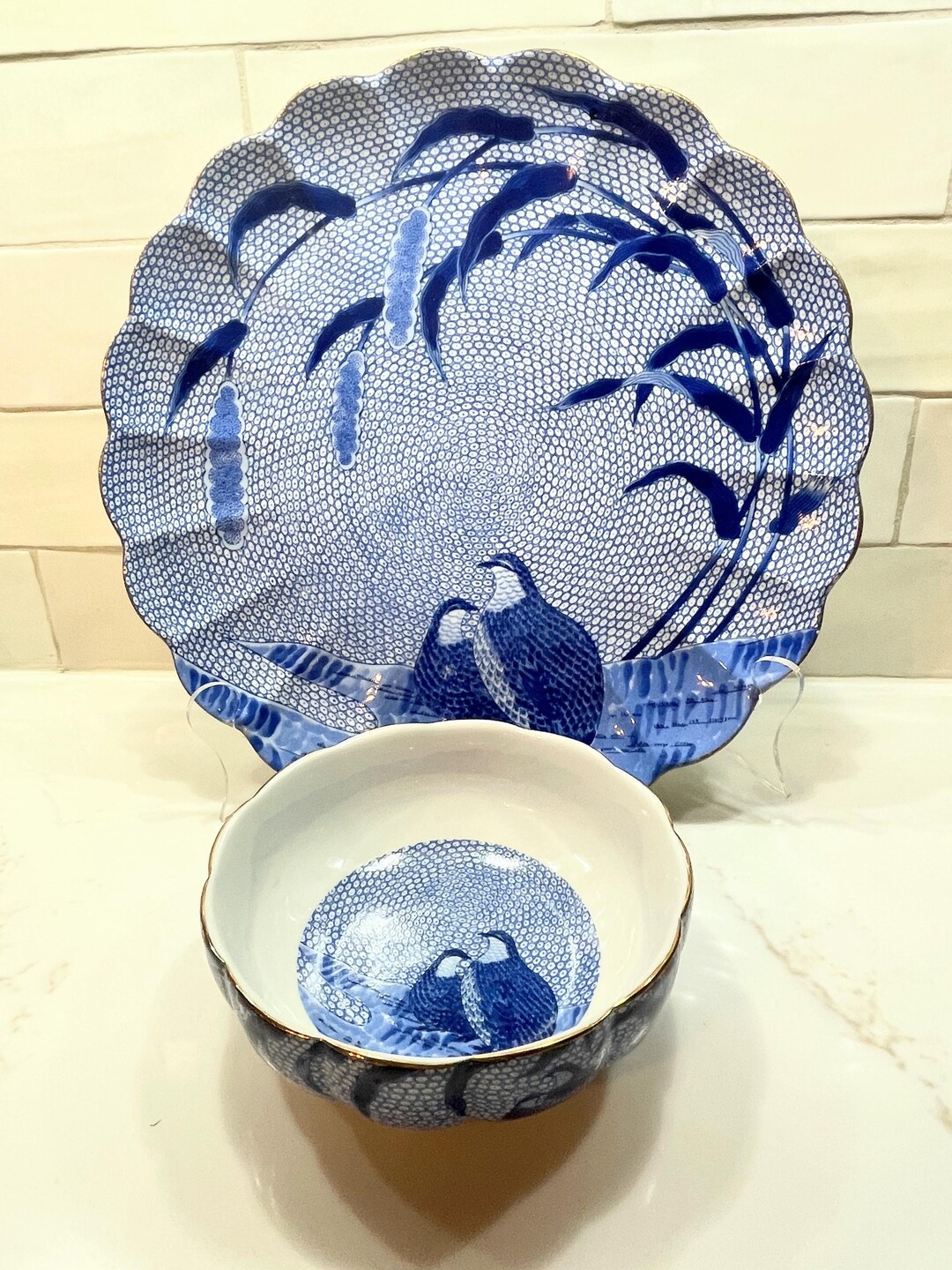 Japanese Arita Blue Porcelain Quail Bowl Fine China Round Platter and ...